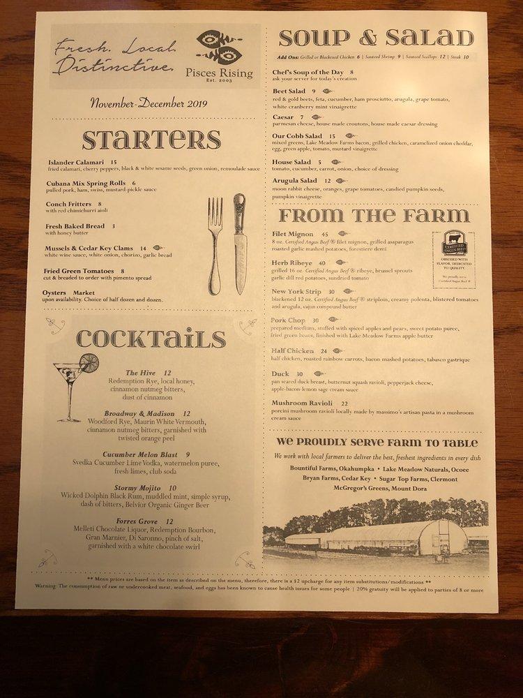 Menu at Pisces Rising steakhouse, Mount Dora