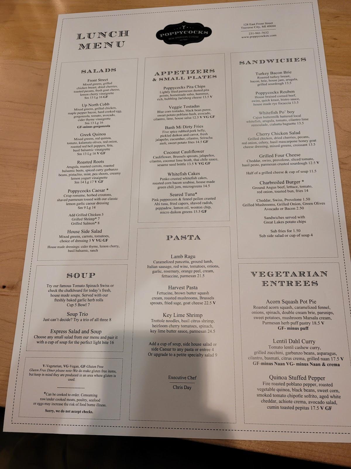 Menu at Poppycocks restaurant, Traverse City