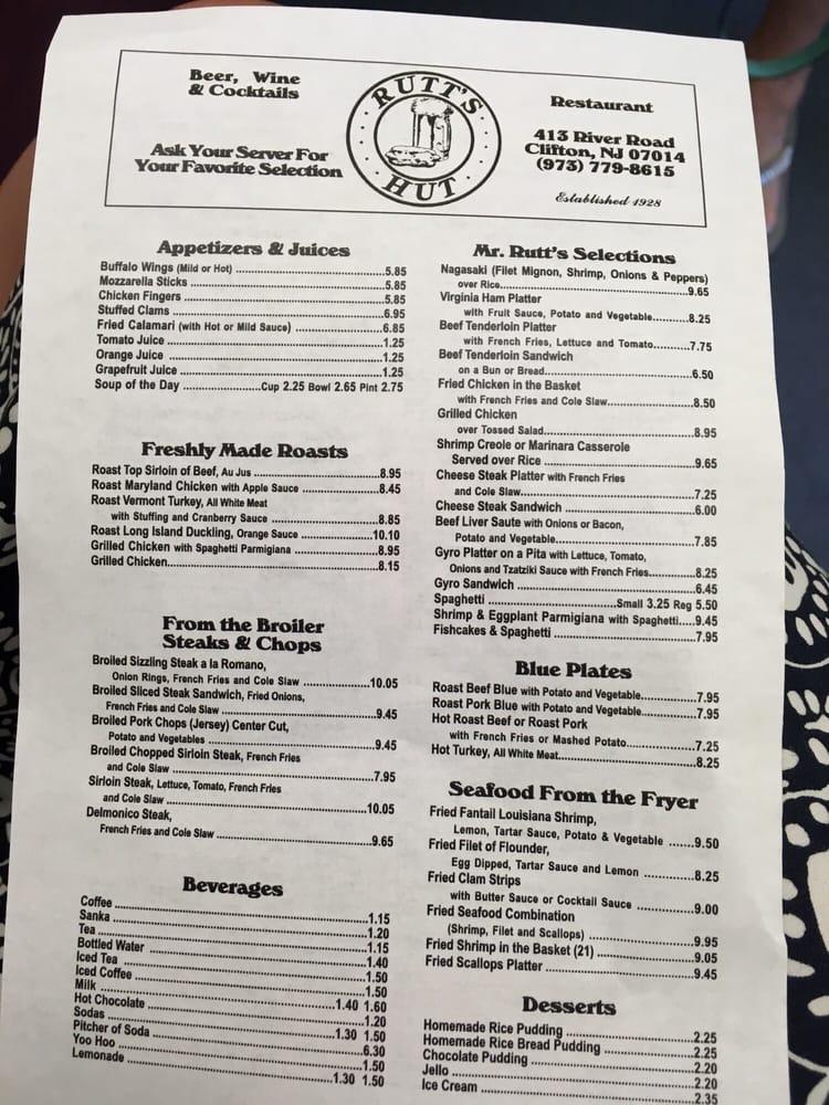 Menu at Rutt's Hut restaurant, Clifton