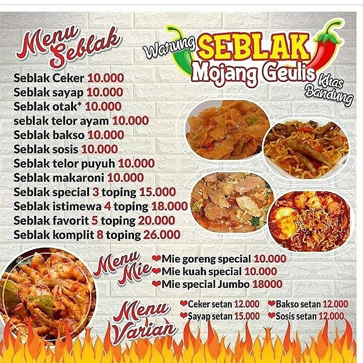 Carta del restaurante Seblak mojang Geulis Handil Bakti, Handil Bakti
