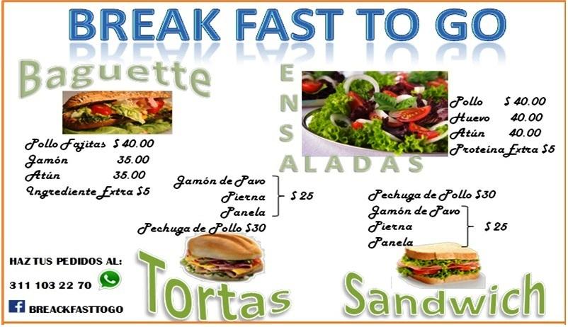 Menu at Break Fast to GO restaurant, Tepic