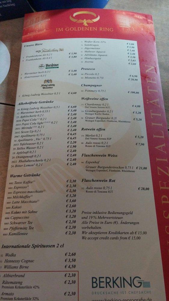 Speisekarte von Im Goldenen Ring pub & Bar, Düsseldorf