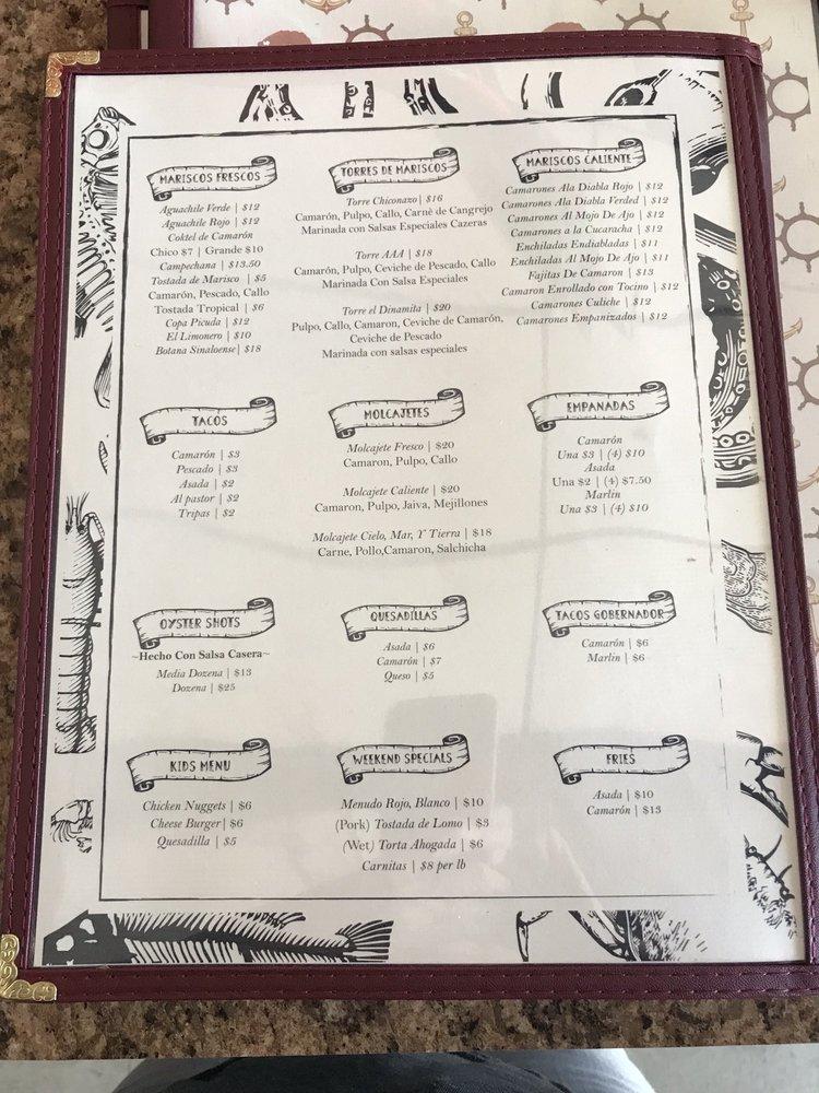 Menu at Mariscos El Picudo restaurant, Tulare