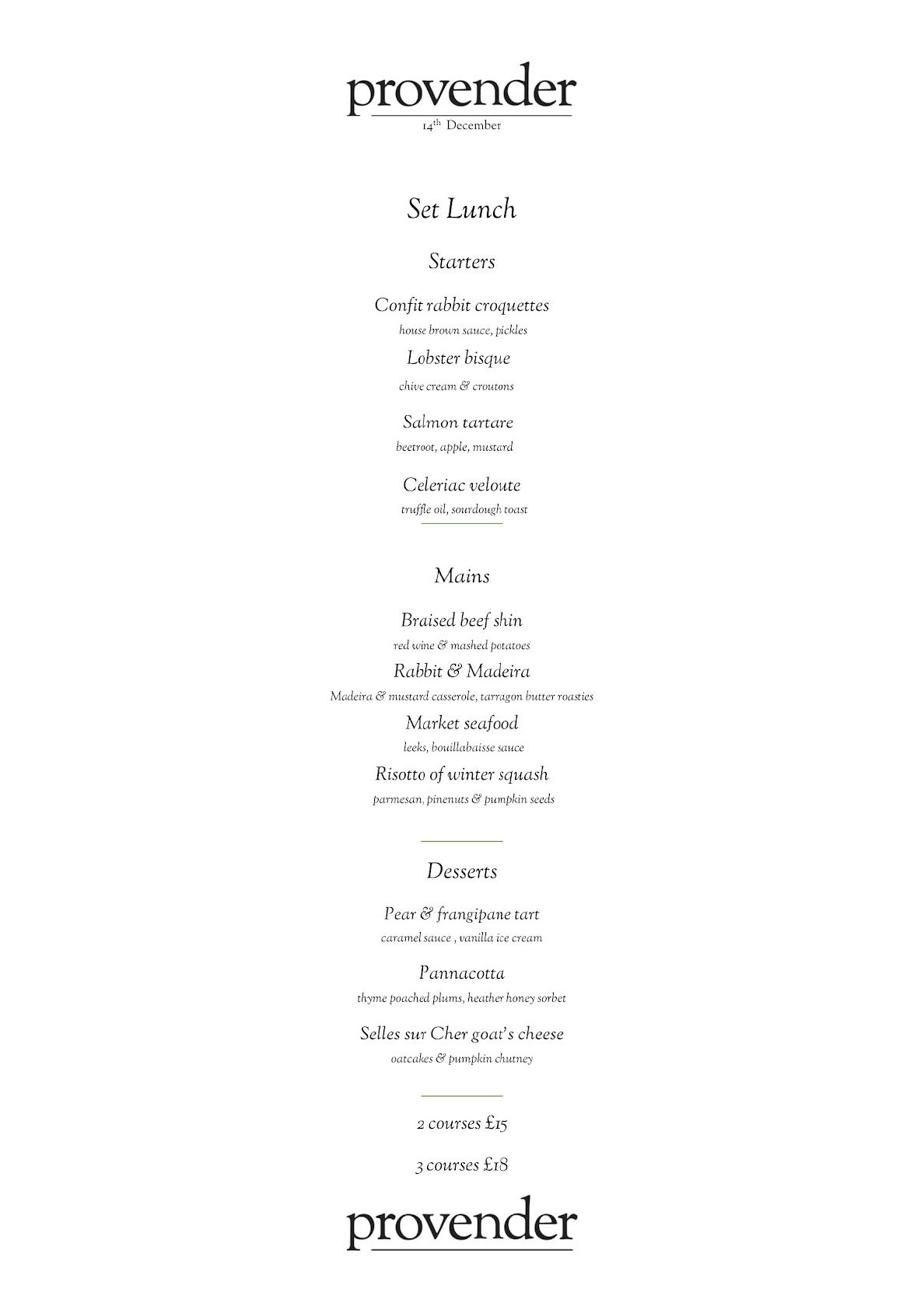 Menu at Provender Restaurant & Bar, Melrose