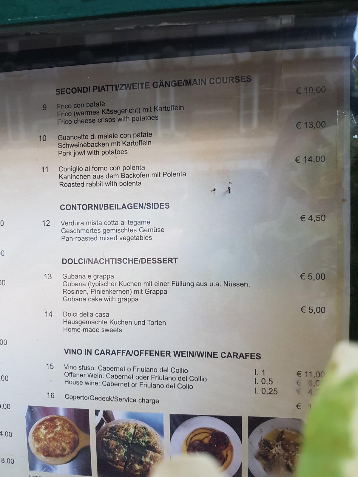Menu at Trattoria Mara restaurant, Trieste