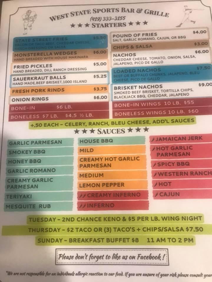 Menu at West State Street Bar and Grill, Fremont