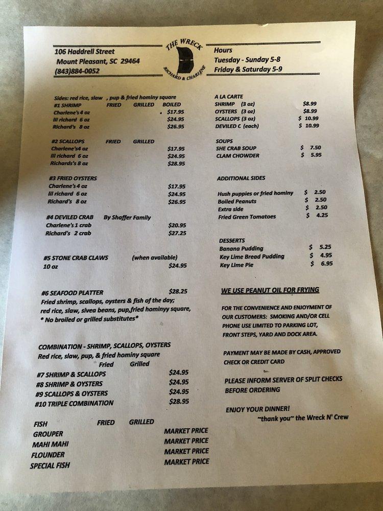 Menu at Wreck of the Richard & Charlene restaurant, Mount Pleasant