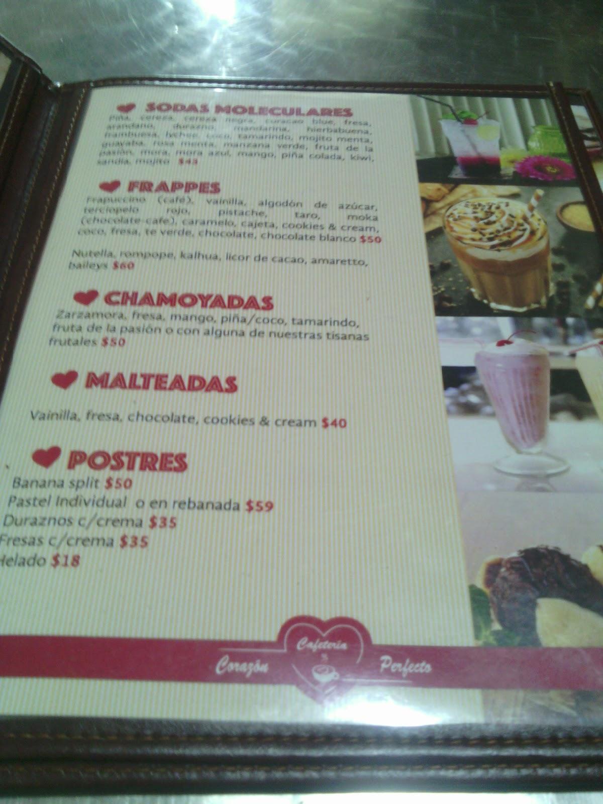 Menu at Corazón Perfecto cafe, Ojo de Agua