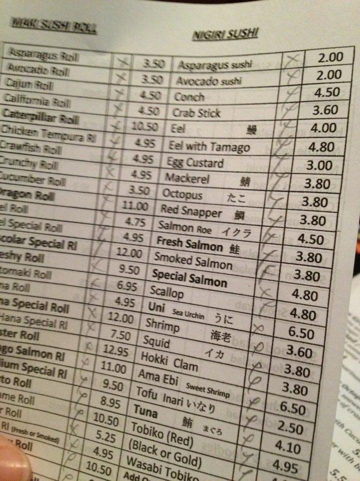 Menu at Hana Japanese Restaurant, New Orleans