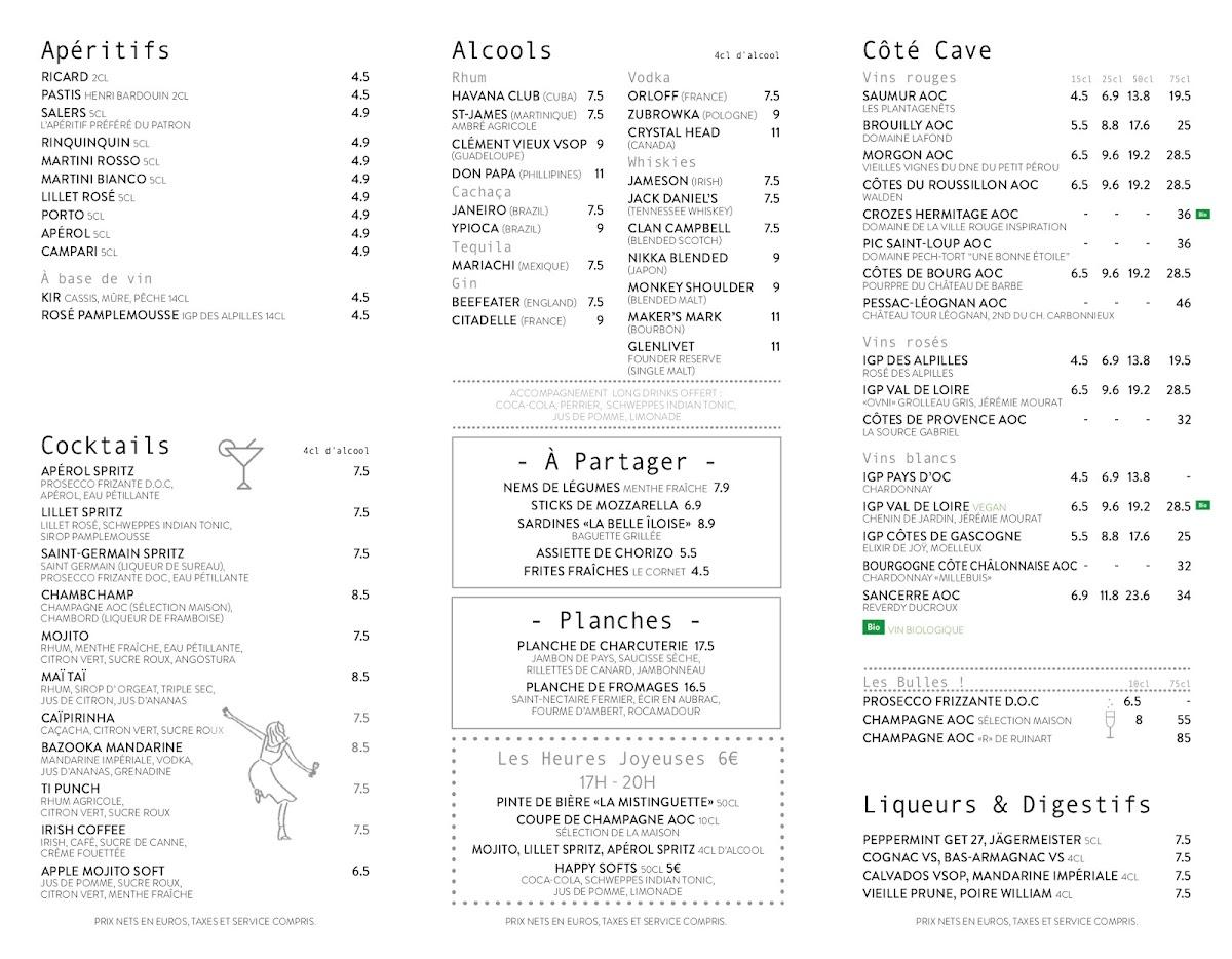 Menu au Mistinguette Saint Cloud pub et bar, Saint-Cloud