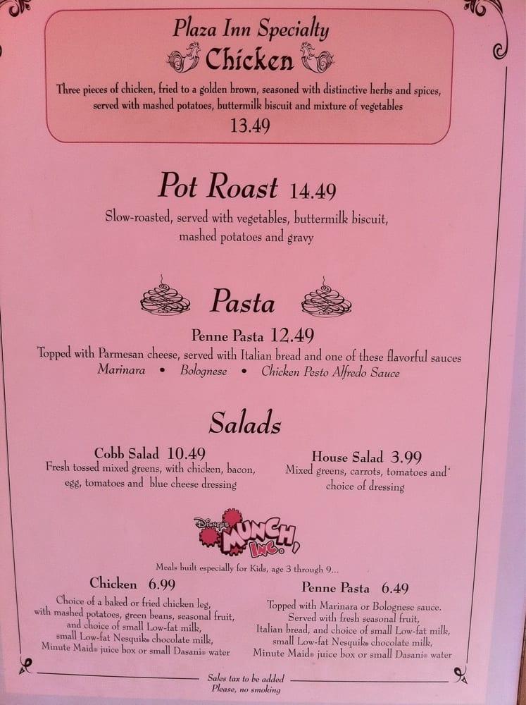 Menu at Plaza Inn restaurant, Anaheim, Disneyland Park