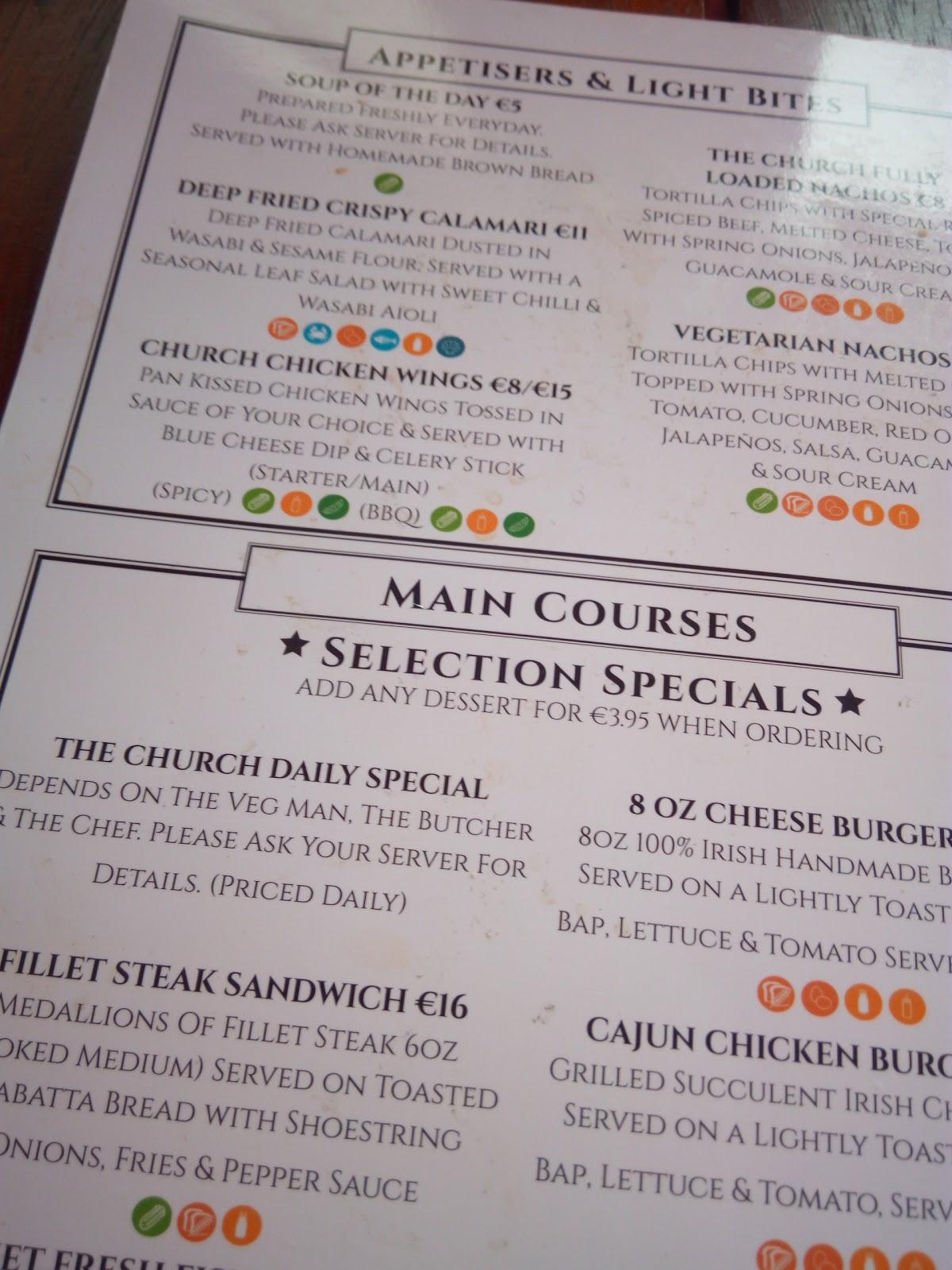 Menu at The Church Café Bar, Dublin, Jervis St