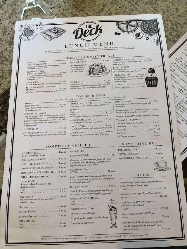 Menu at The Deck Restaurant, Pretoria