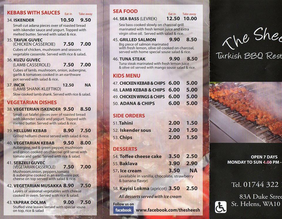 Menu at The Sheesh restaurant, St Helens