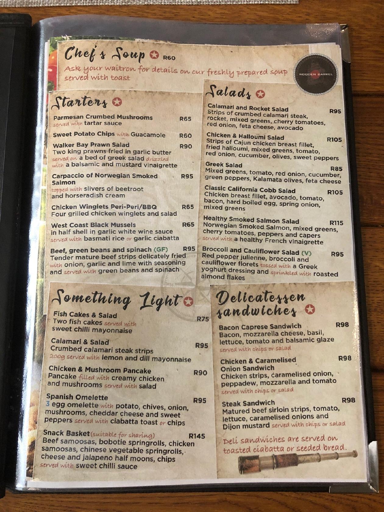 Menu at Wooden Barrel Restaurant, Hermanus