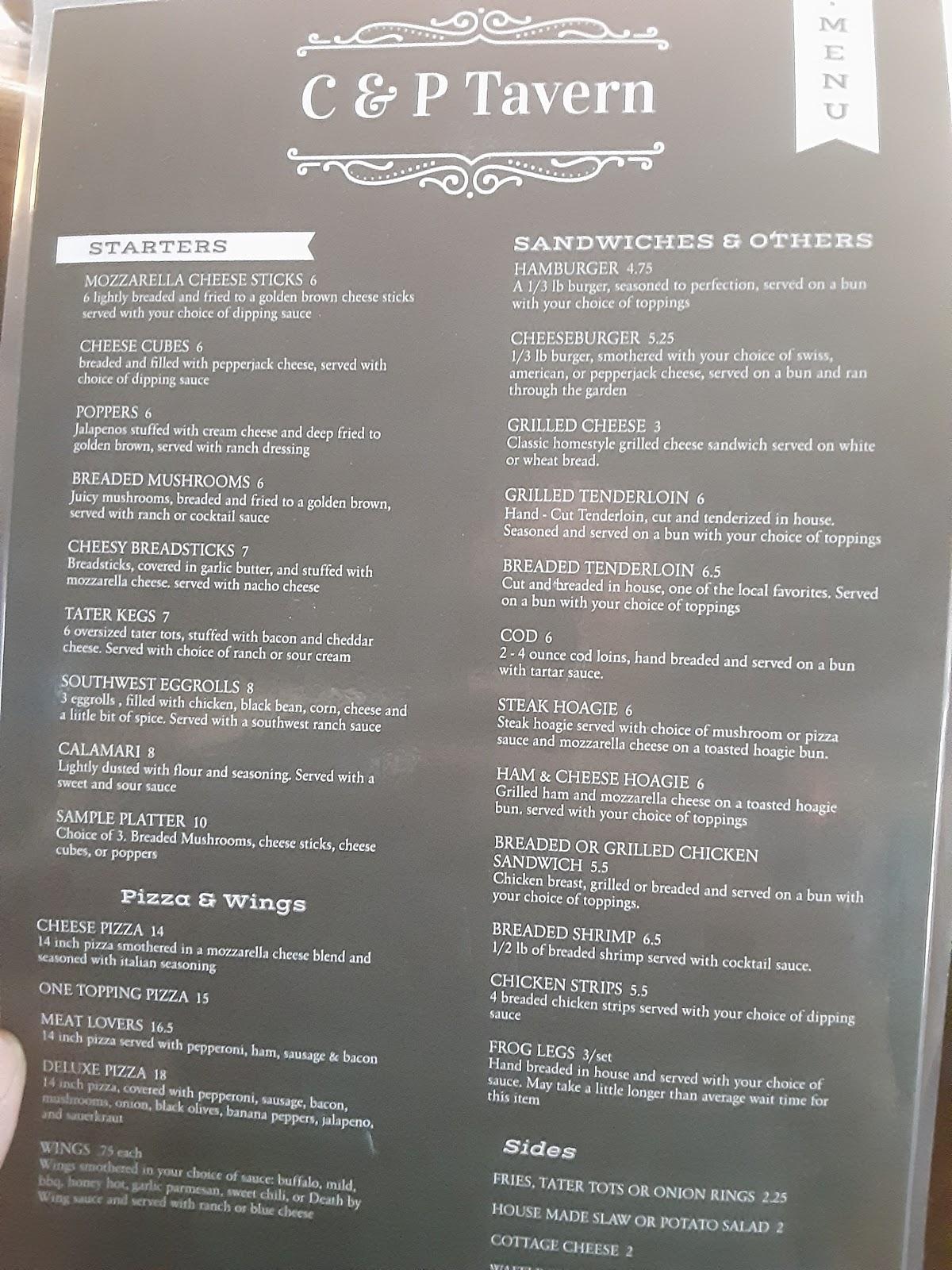Menu at CP Tavern pizzeria, Napoleon