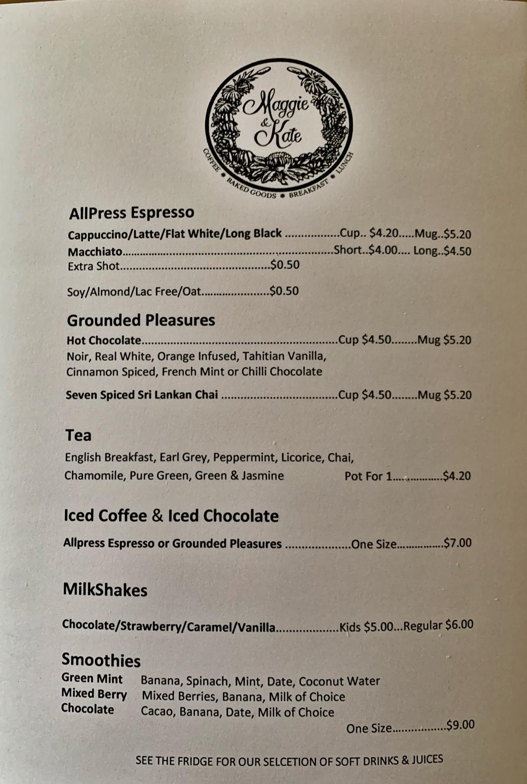 Menu at Maggie and Kate cafe, Buninyong