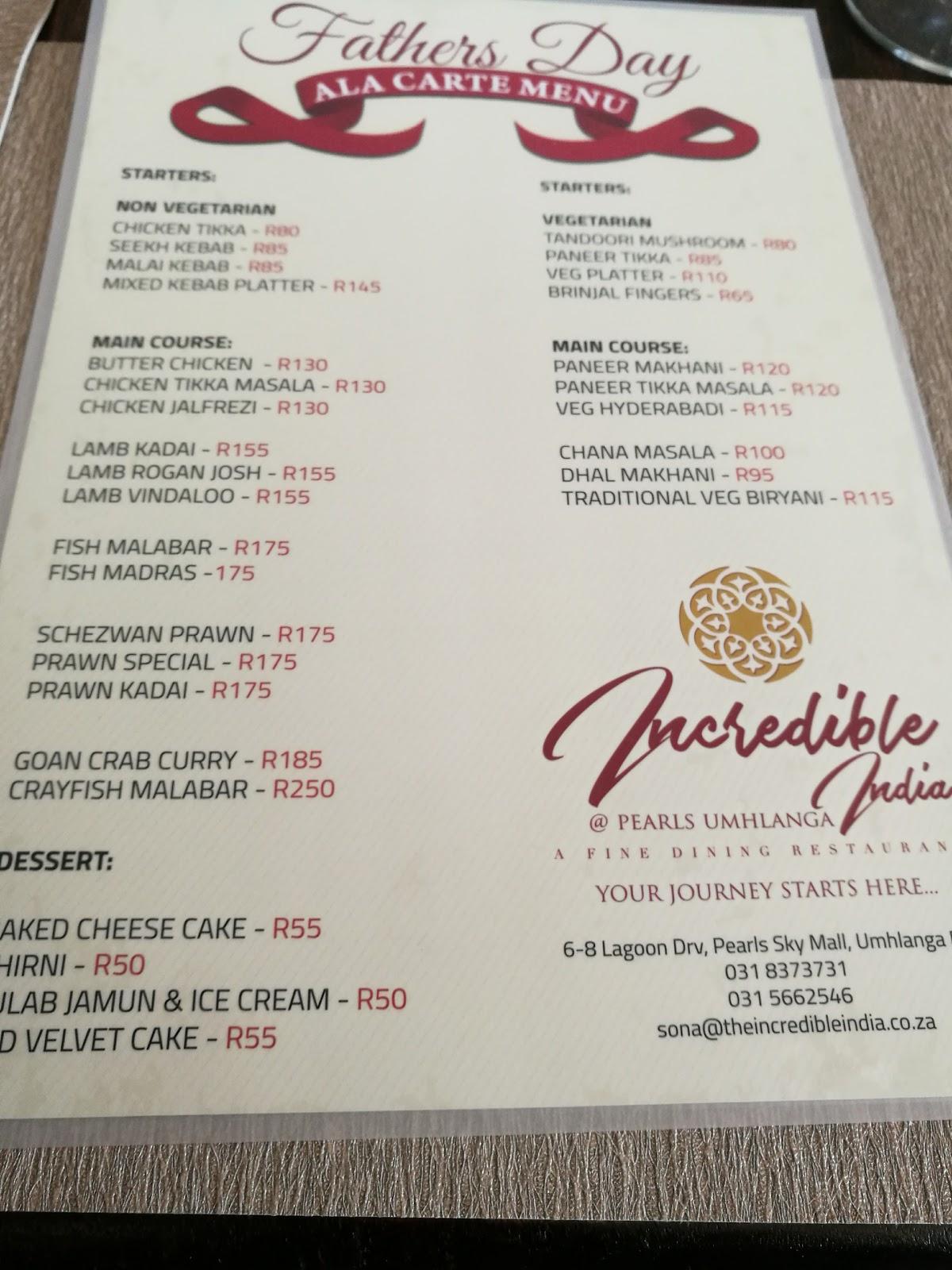 Menu at THE INCREDIBLE INDIA restaurant, Umhlanga