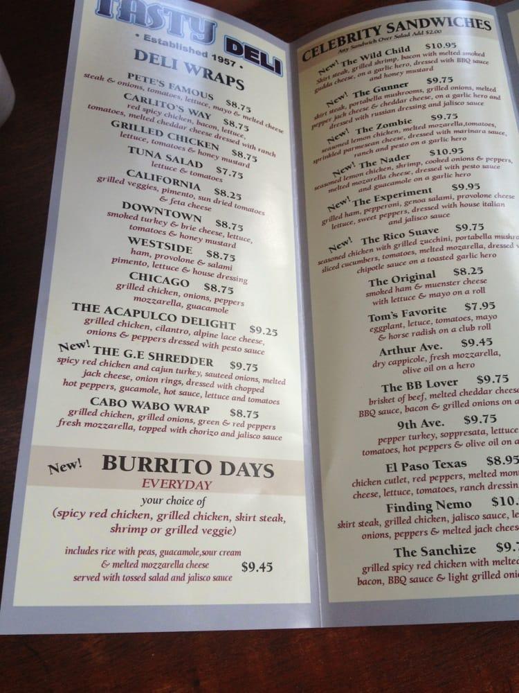 Menu at Tasty Deli restaurant, New York City, Broadway