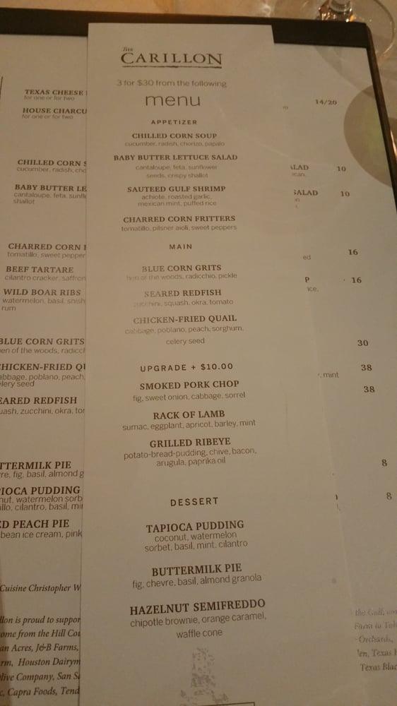 Menu at The Carillon restaurant, Austin