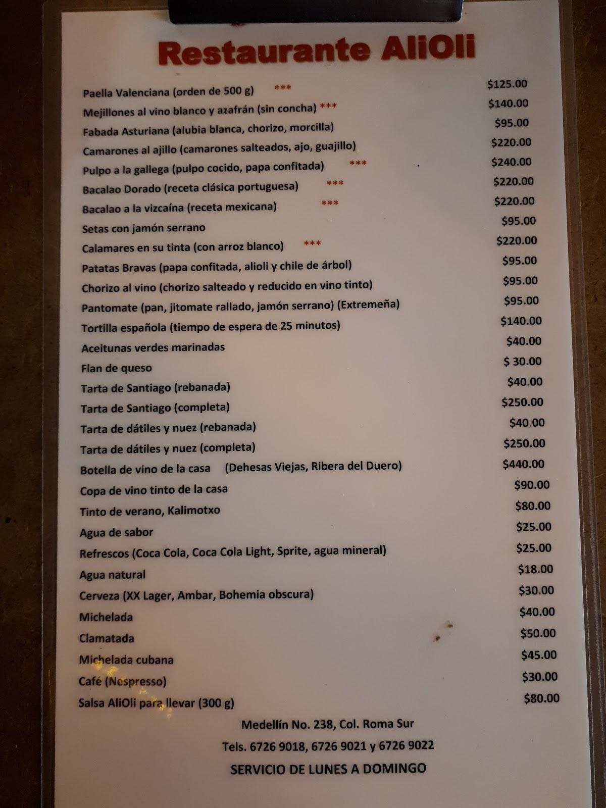 Carta de Restaurante AliOli, Ciudad de México, Medellín 238