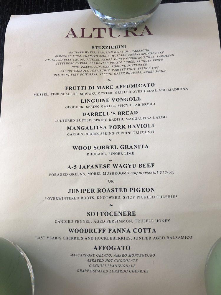 Menu at Altura restaurant, Seattle