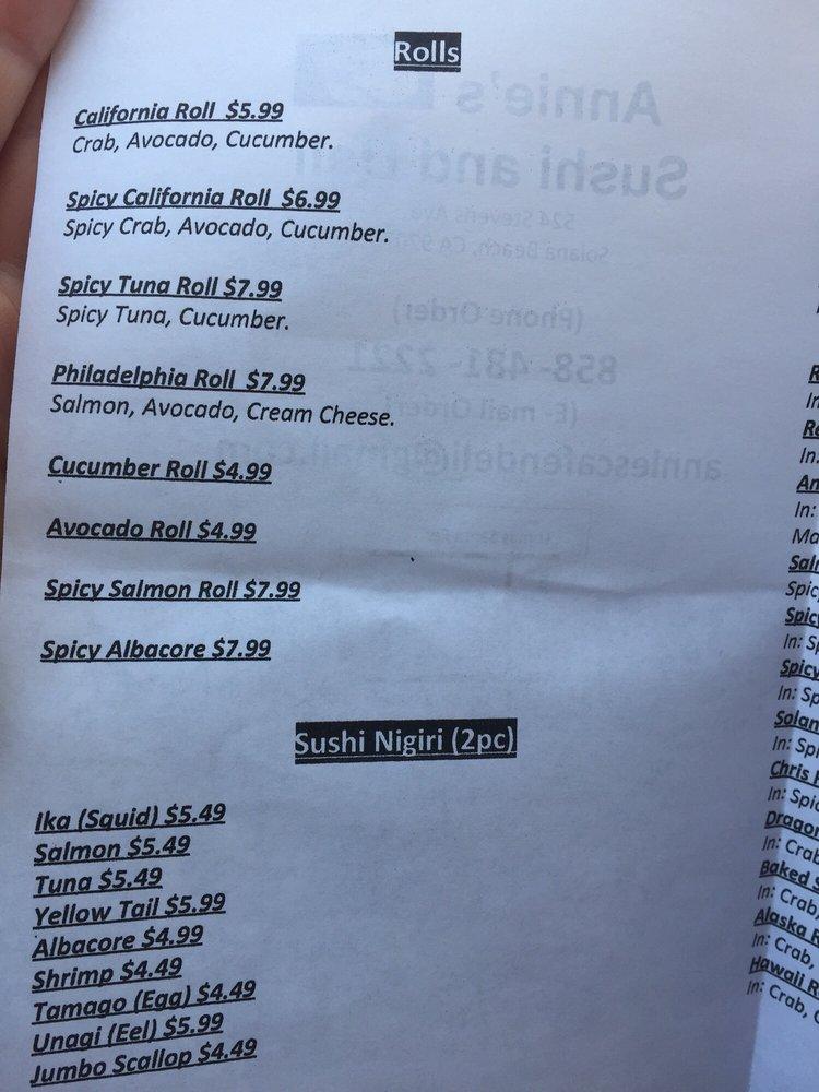 Menu at Annie's Cafe and Deli, Solana Beach
