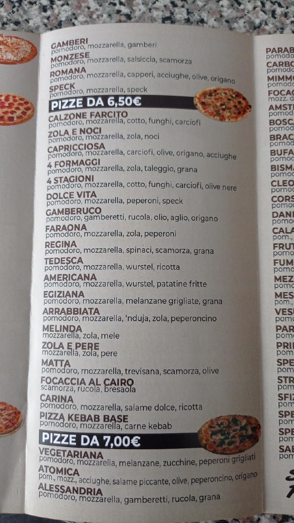 Menu da Arwa pizzeria, Parabiago