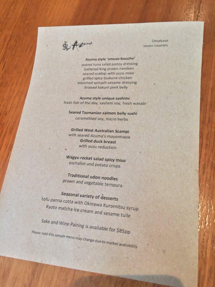 Menu at Azuma restaurant, Sydney
