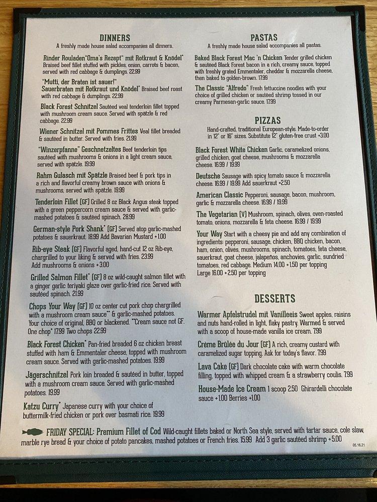 Menu at Black Forest Pub & Grille, Three Lakes