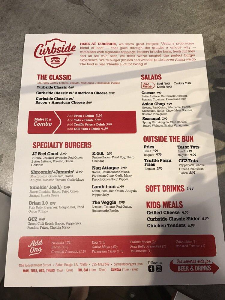 Menu at Curbside Burgers restaurant, Baton Rouge, Government St