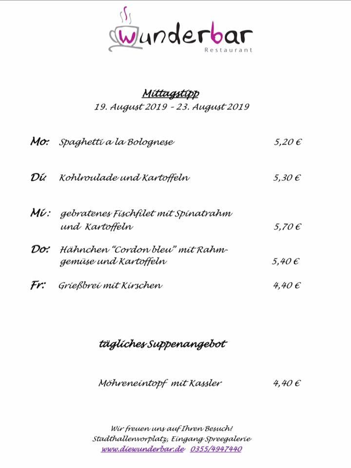 Menu at Die Wunderbar, Cottbus