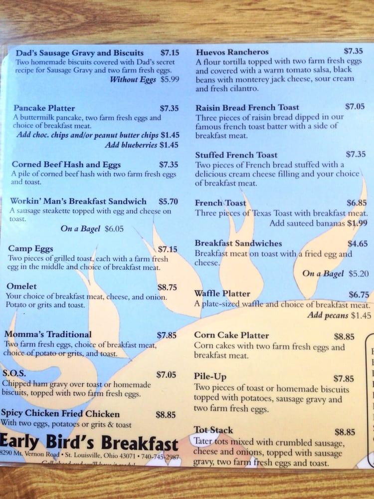 Menu at Early Birds Breakfast restaurant, Saint Louisville