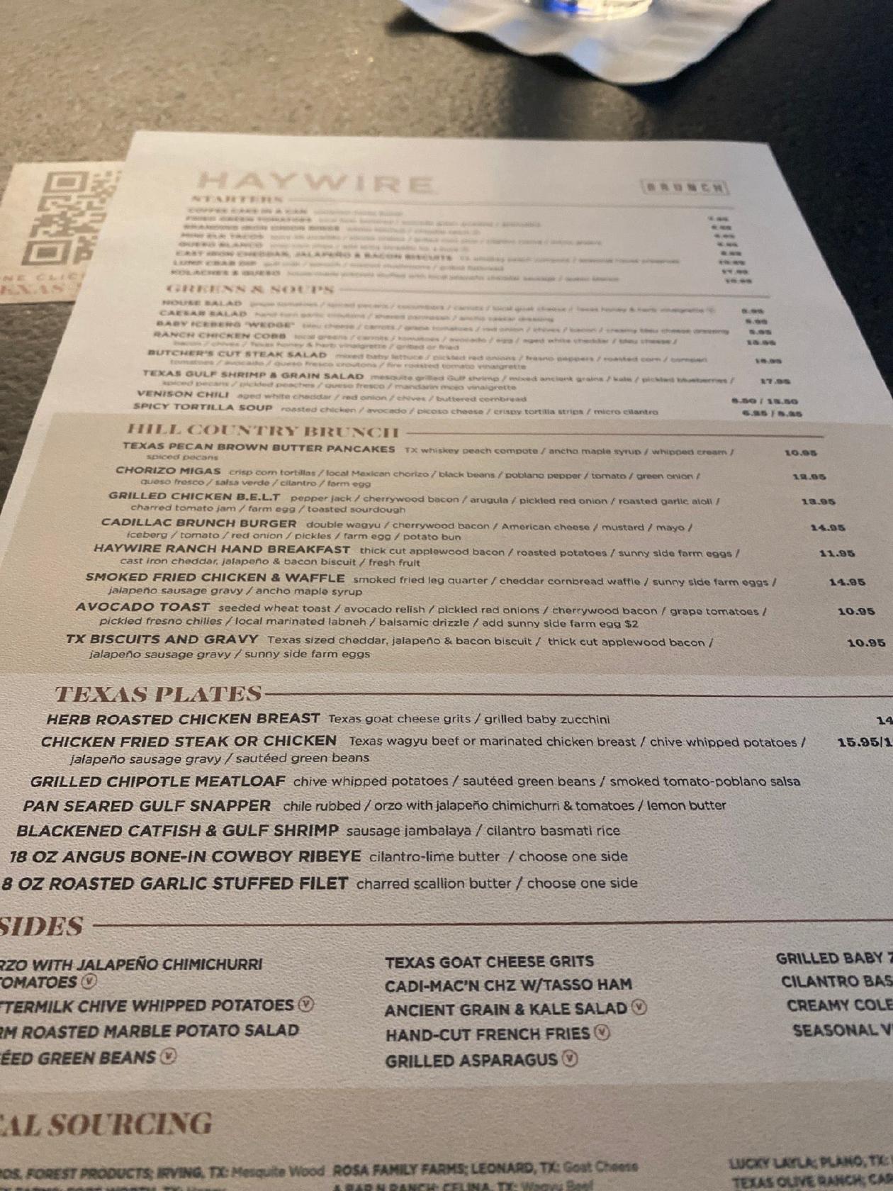 Menu at Haywire restaurant, Plano