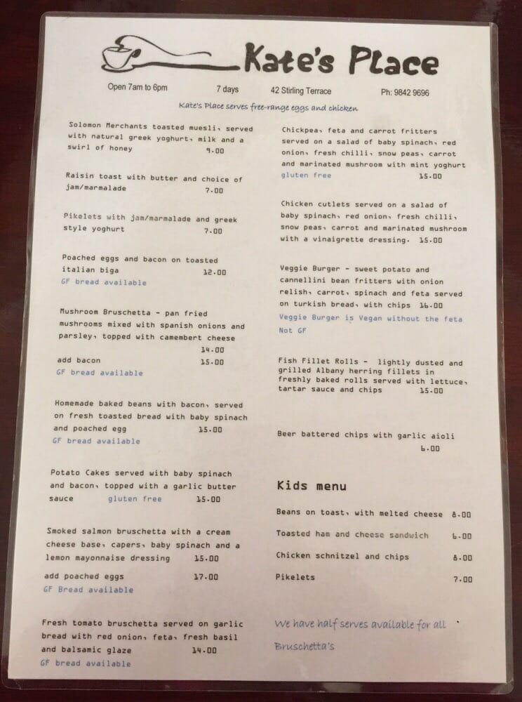 Menu at Kate's Place restaurant, Albany
