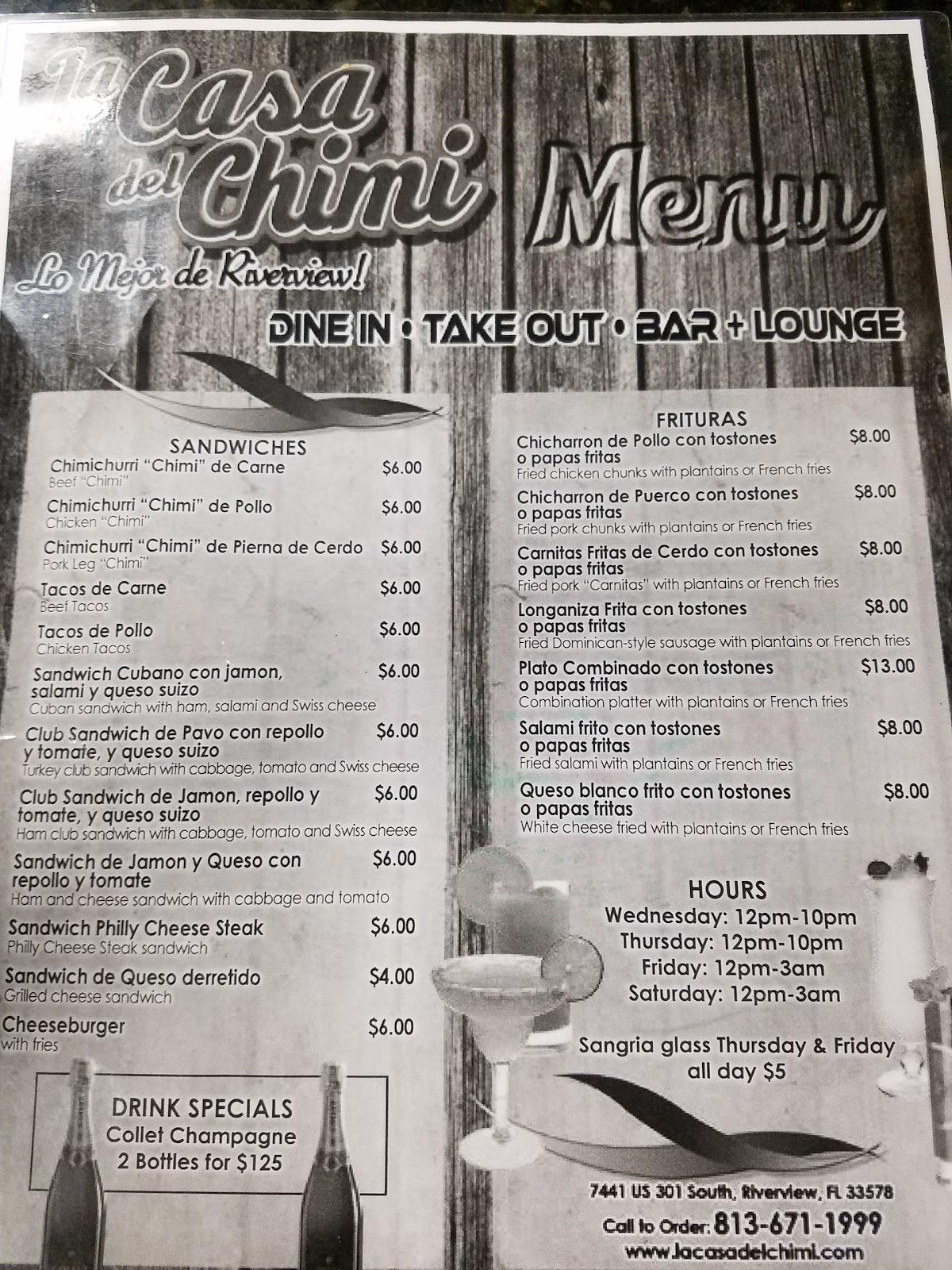 Menu at La Casa del Chimi restaurant, Riverview, US-301 #105