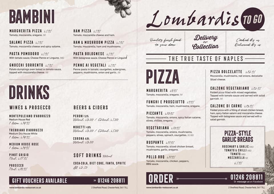 Menu at Lombardi's Ristorante Italiano, Chesterfield