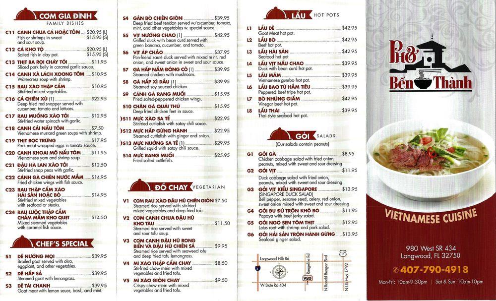 Menu at Pho Ben Thanh restaurant, Longwood