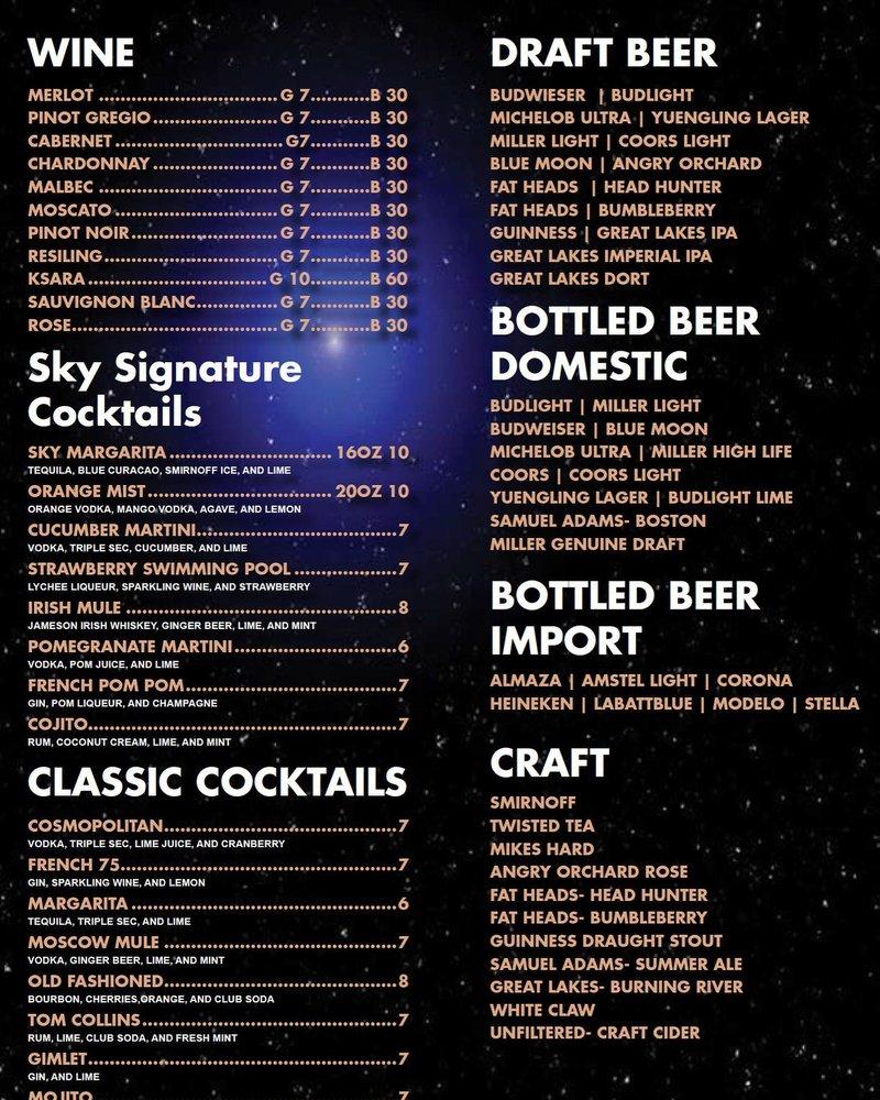 Menu at Sky Lounge Parma pub & bar, Parma Heights