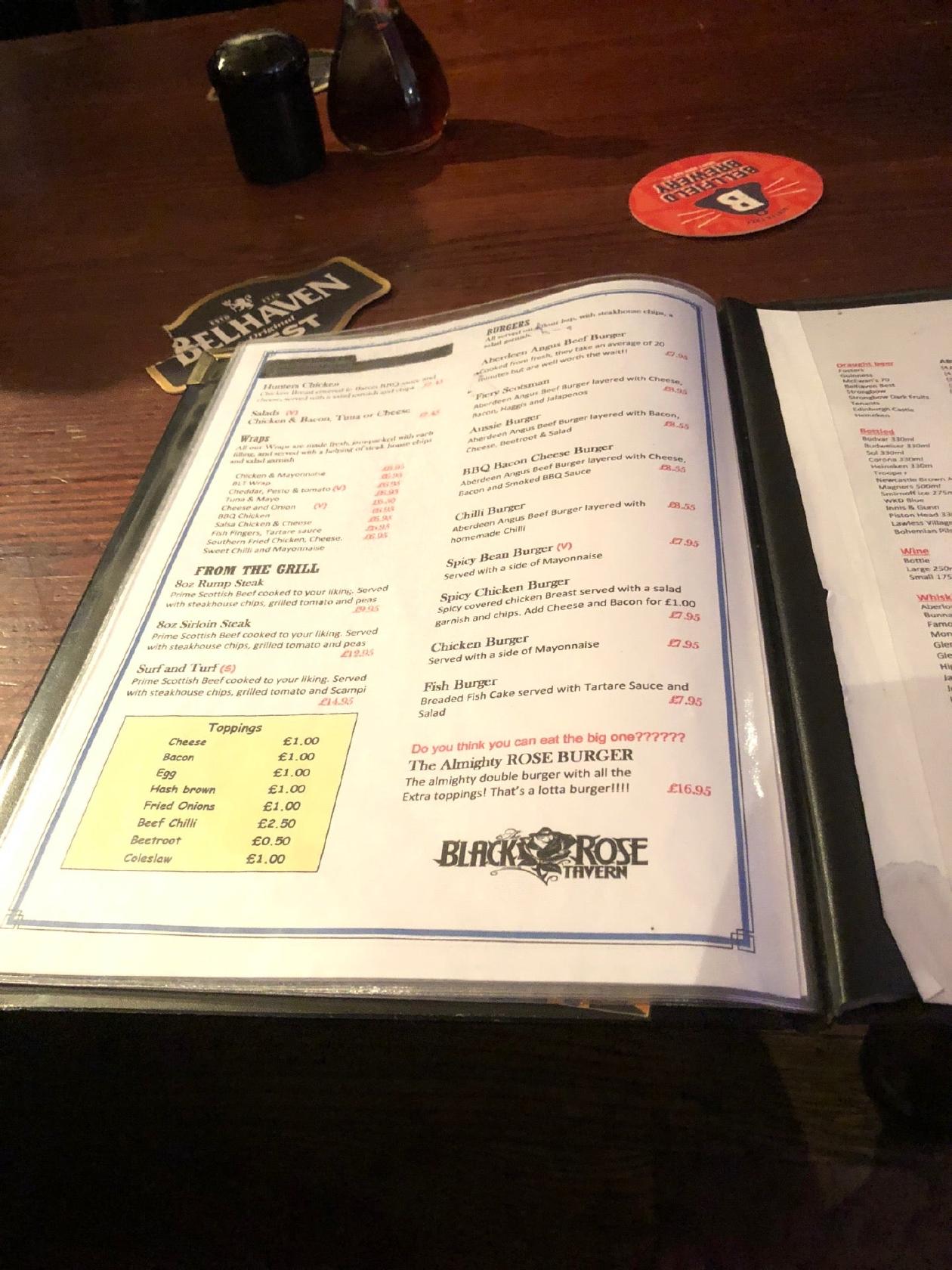 Menu at The Black Rose Tavern pub & bar, Edinburgh