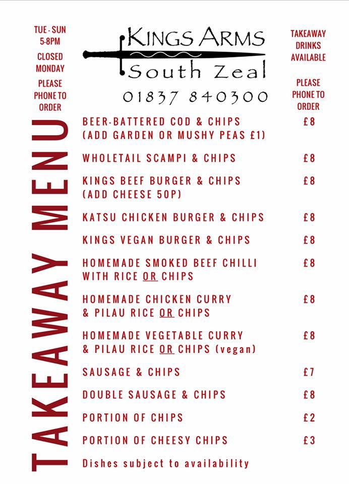 Menu at The Kings Arms Inn pub & bar, South Zeal