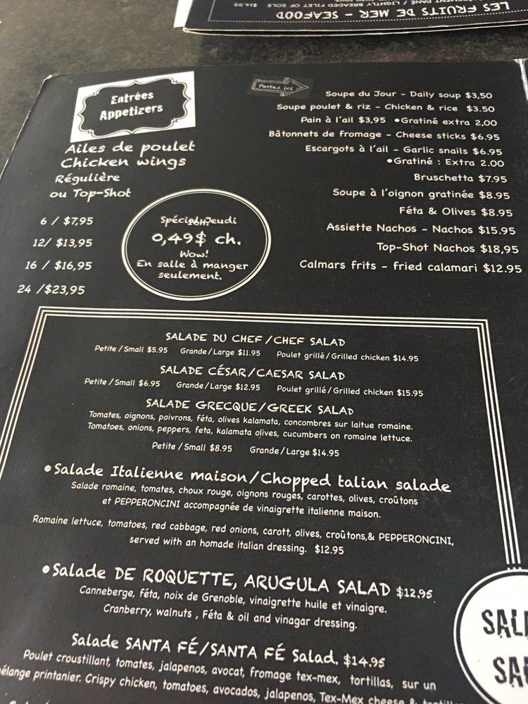 Menu at Top Shot pub & bar, Lachute