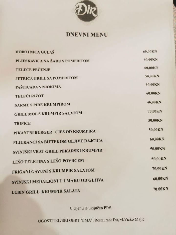 Menu at Restaurant Pizzeria Dir, Split