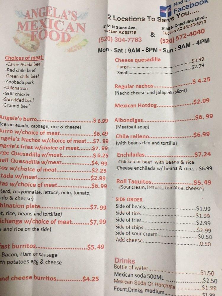 Menu at Angela's Mexican Food restaurant, Tucson, N Coachline Blvd