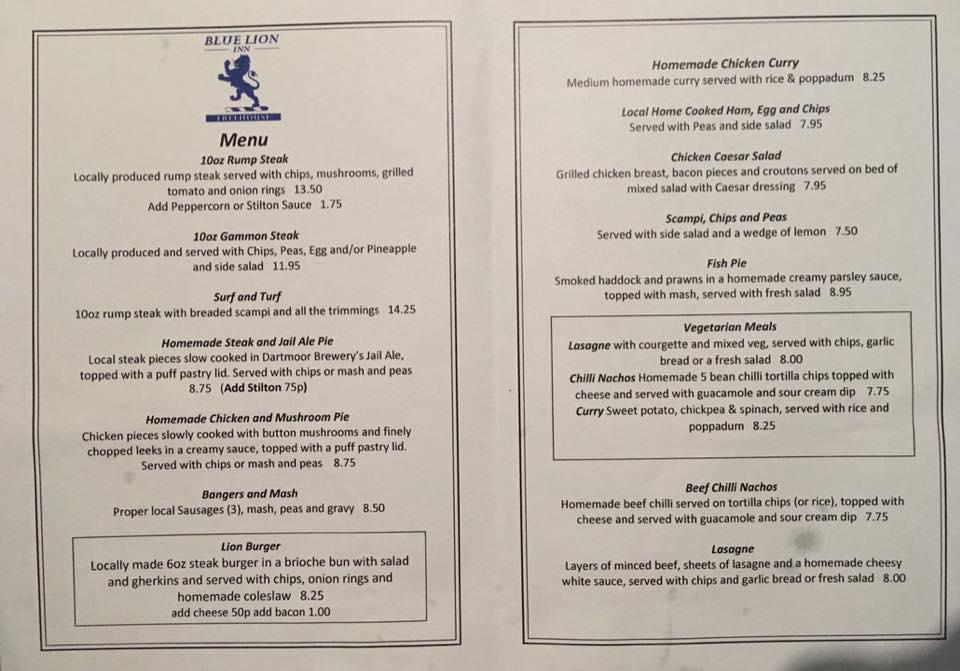 Menu at Blue Lion Inn pub & bar, Lewdown