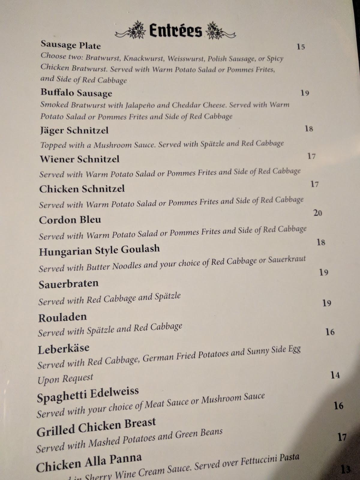 Menu at Edelweiss German Restaurant, Fort Worth