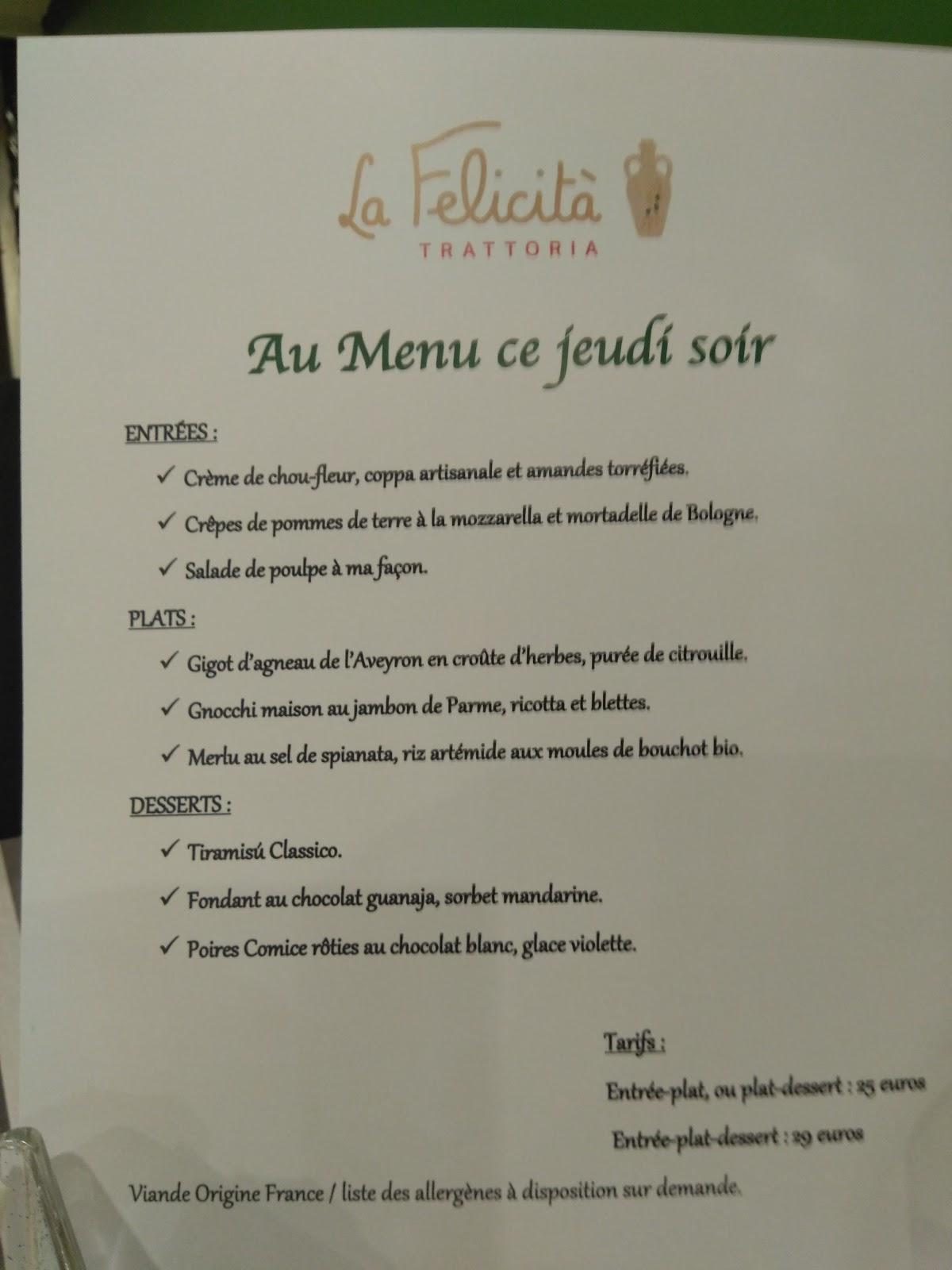 Menu at La Felicita - Trattoria restaurant, Ramonville-Saint-Agne