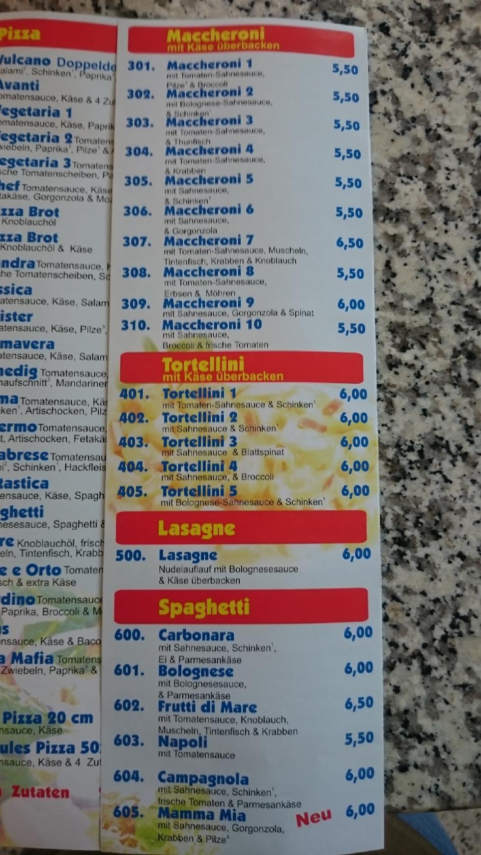 Carta de Pizzeria Avanti, Hamelin