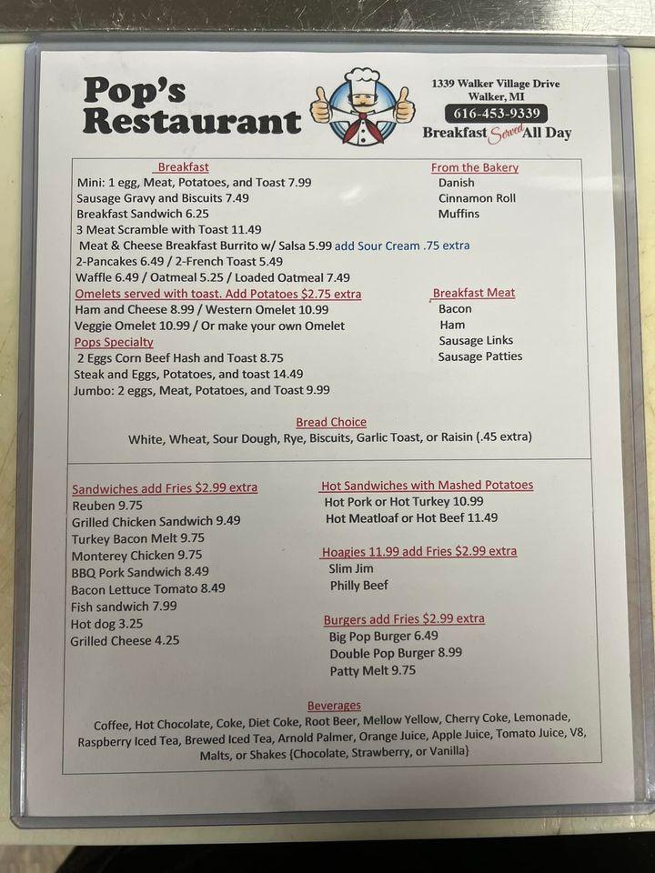 Menu at Pop's Restaurant, Grand Rapids