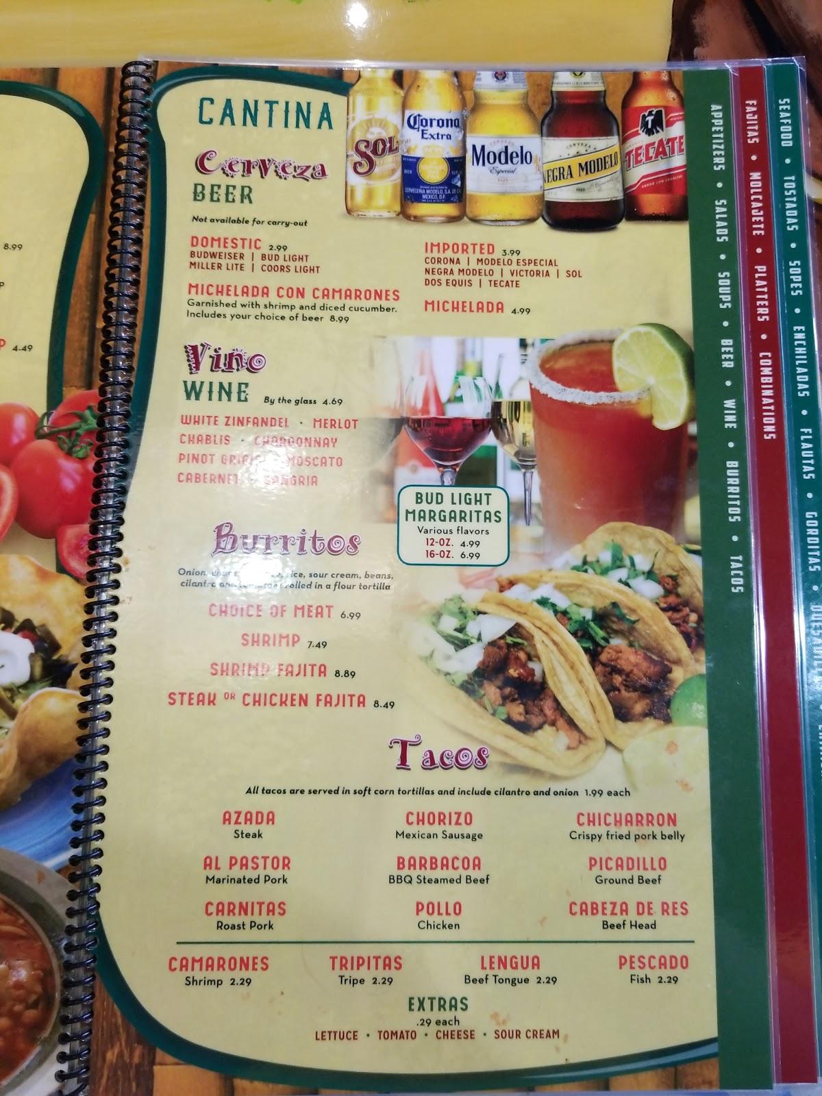 Menu at Señor Tacos restaurant, Lafayette